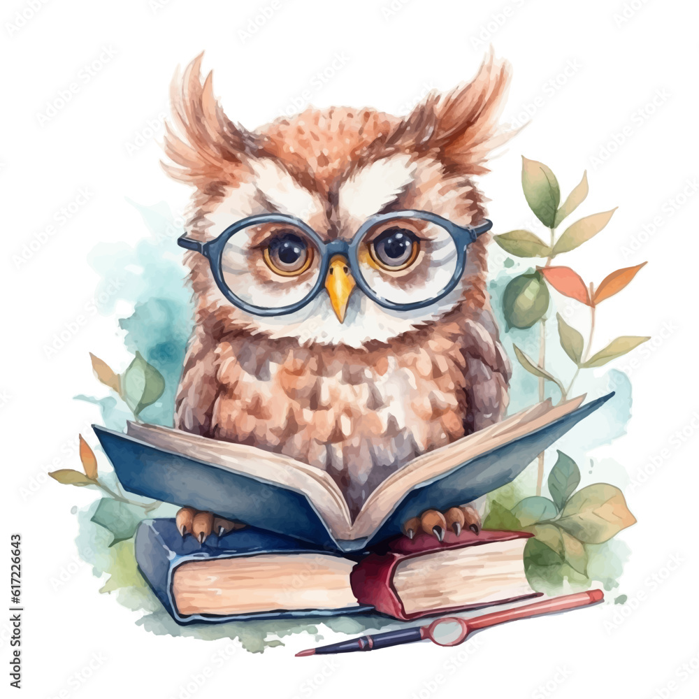 Cute owl cartoon reading a book in the grass with watercolor painting ...