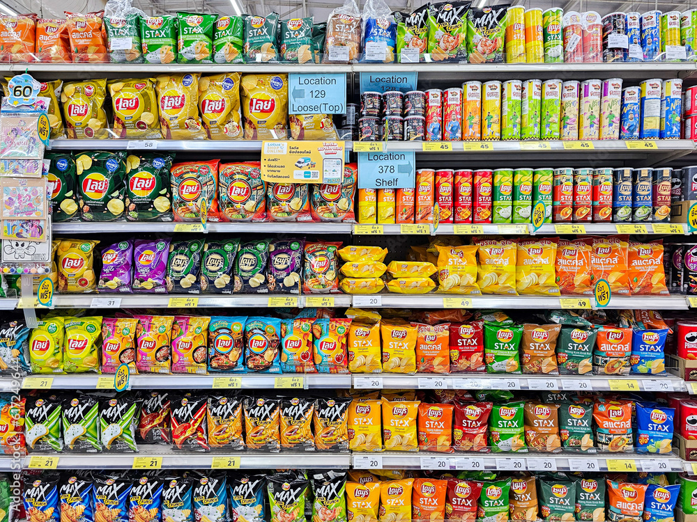 Various Potato Chip Flavours in Thailand on market shelves. Window ...