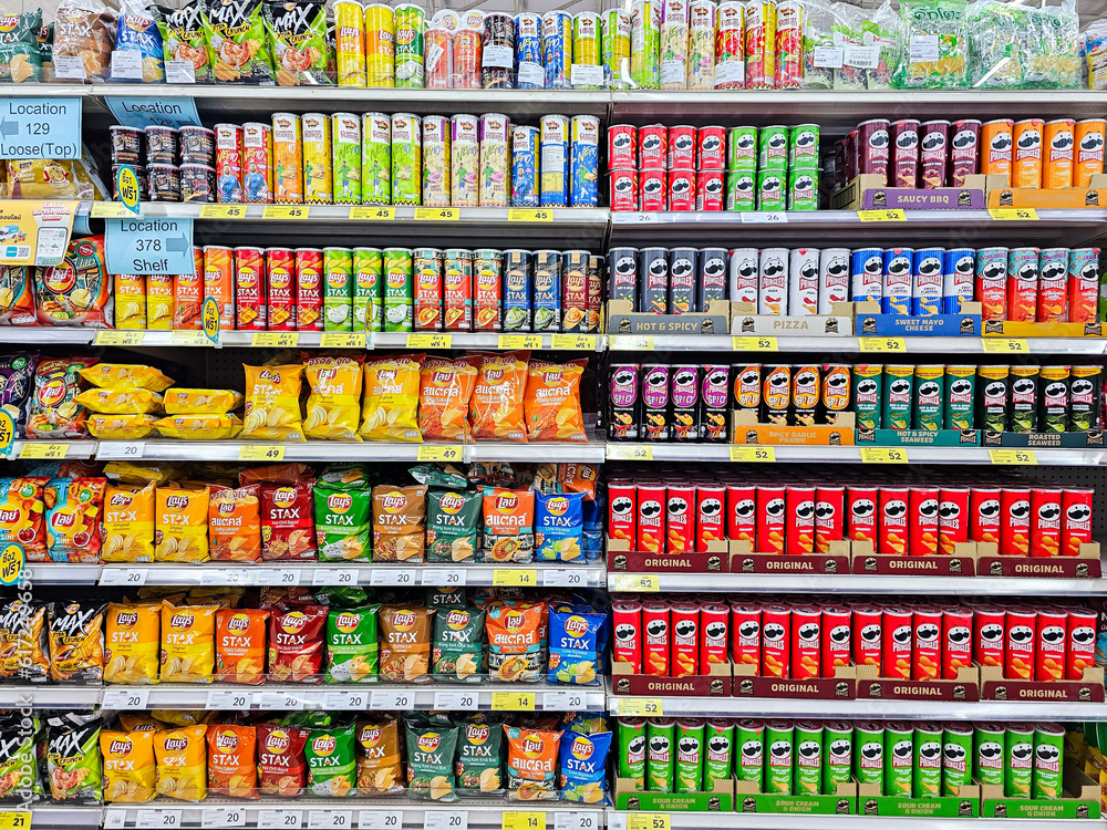 Various Potato Chip Flavours in Thailand on market shelves. Window ...