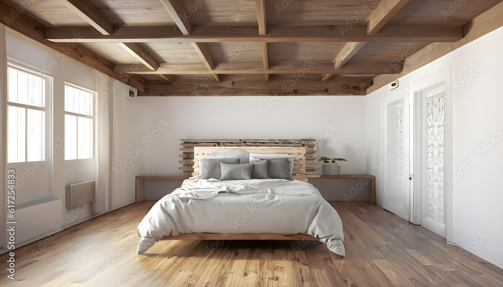 Open plan empty master bedroom with parquet floors, wooden beams and air conditioning in rustic ...