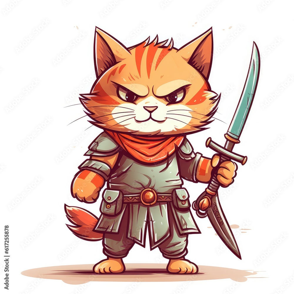 cute animal of anthropomorphic cat as warrior on isolate white background full bod. Generative ...