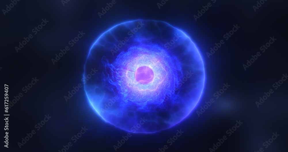 Abstract sphere atom with electrons flying glowing bright particles and ...
