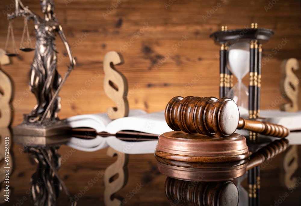 Lawyer office. Law symbols composition: judge’s gavel, scale, Themis ...