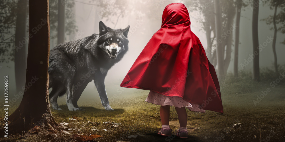 Captivating Little Red Riding Hood scene: young girl in red cape seen ...