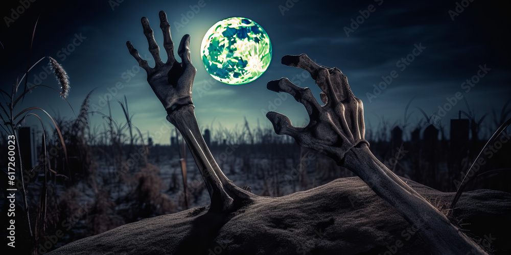 Eerie skeleton hand emerging from the ground of an abandoned cemetery ...