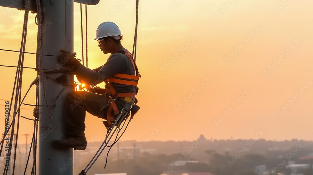 Electrical engineer wear safety uniform at heights , Construction ...