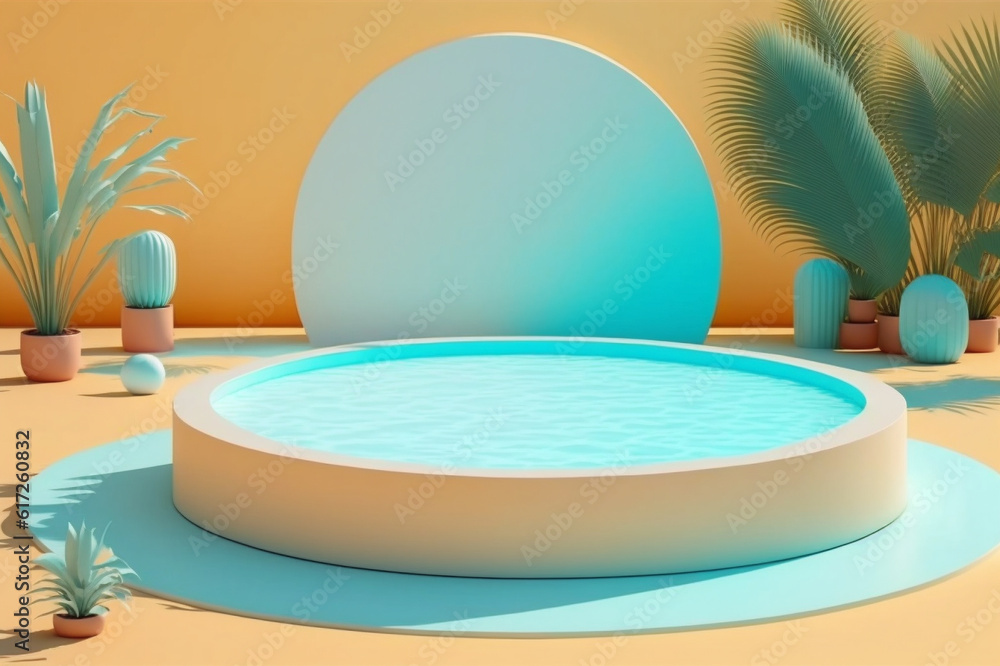Aqua color round pool on light orange background with potted cacti and ...