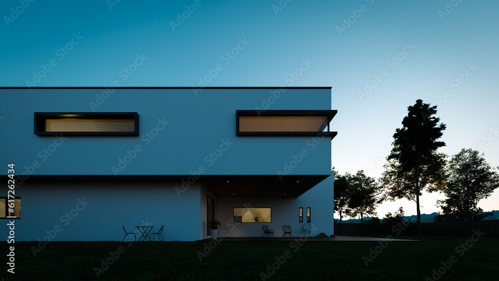 Perspective view of modern two storey house architecture at sunset with ...