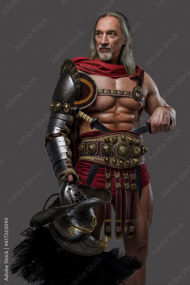 Distinguished gladiator with a stylish silver beard and luscious locks ...