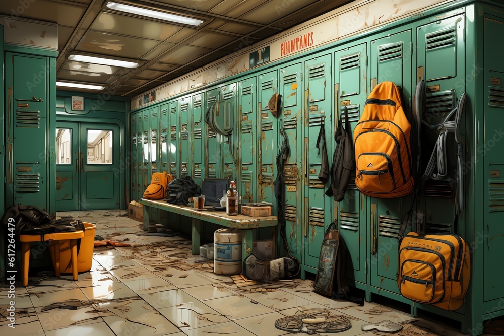 Abandoned locker room with scattered swim gear Stock Illustration ...