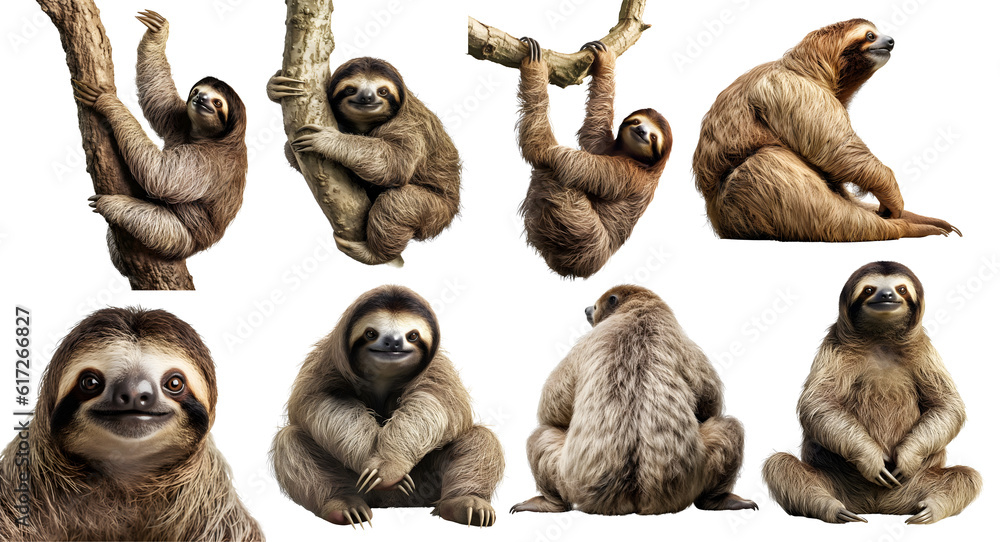 Sloth, many angles and view portrait side back head shot isolated on ...