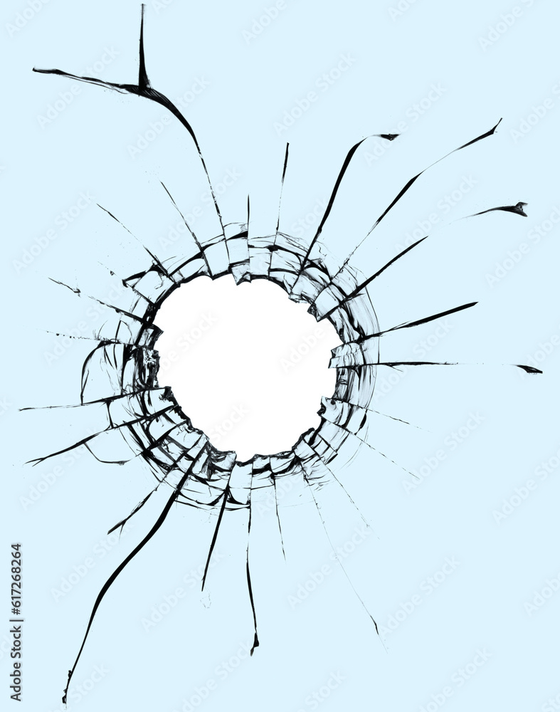 A hole with the texture of cracks in the glass from a gunshot to the ...