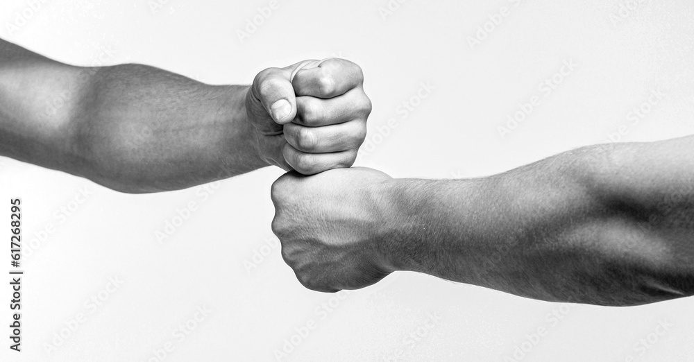 Friendly handshake, friends greeting. Hands of man people fist bump ...