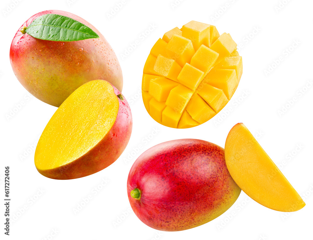 Ripe whole mango half isolated on white background. Mango macro studio ...
