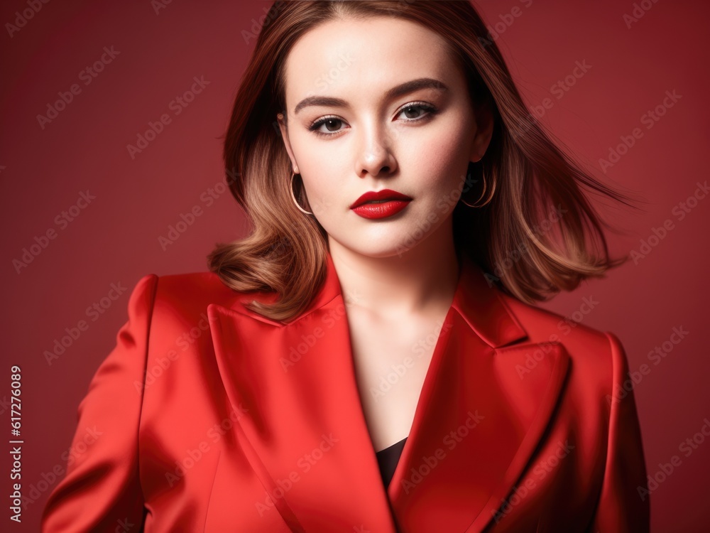 Plus size model in red suit over red background. Body positive concept ...