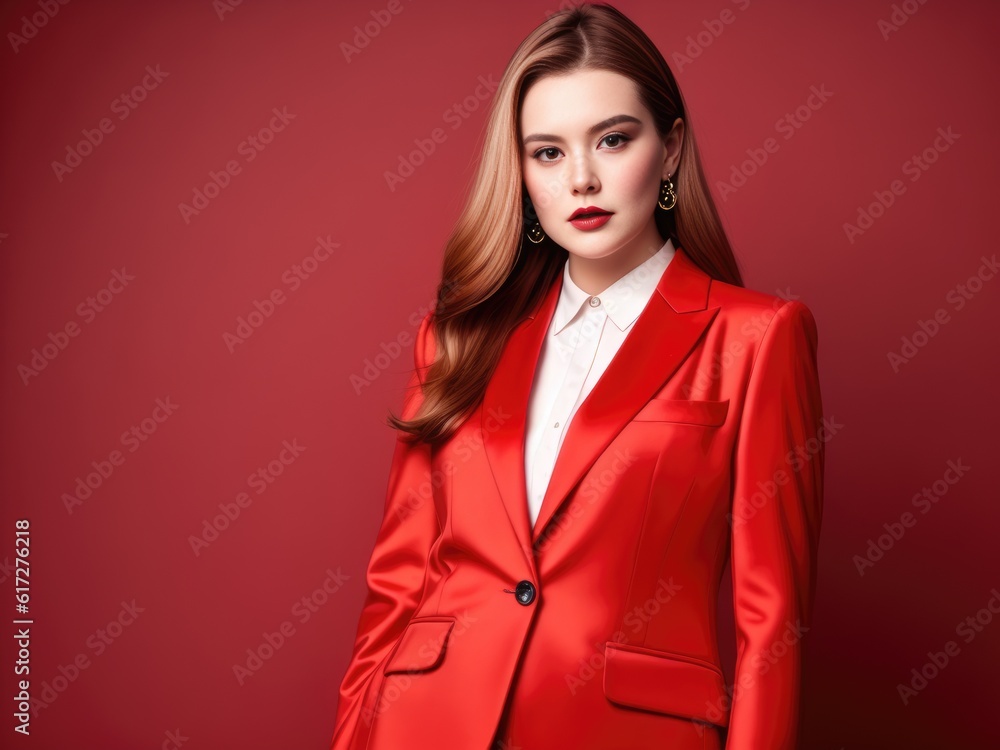 Plus size model in red suit over red background. Body positive concept ...
