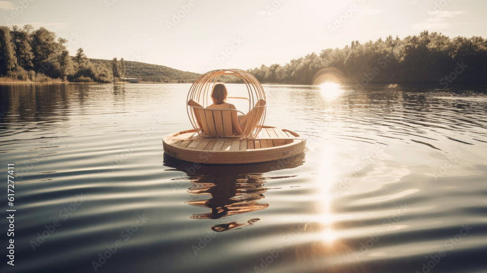 Person basking in sun on floating chair in serene lake Stock ...