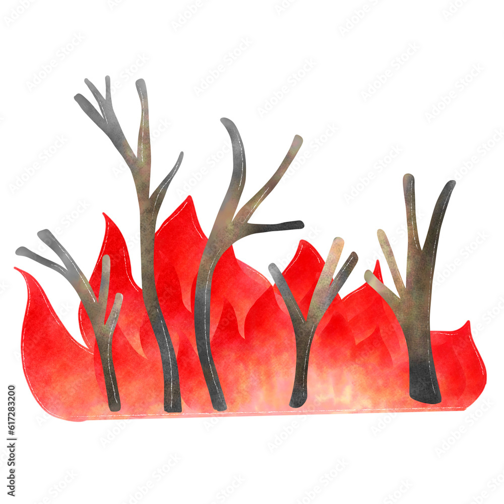 Wildfires cartoon illustration. Watercolor hand drawing in high quality ...