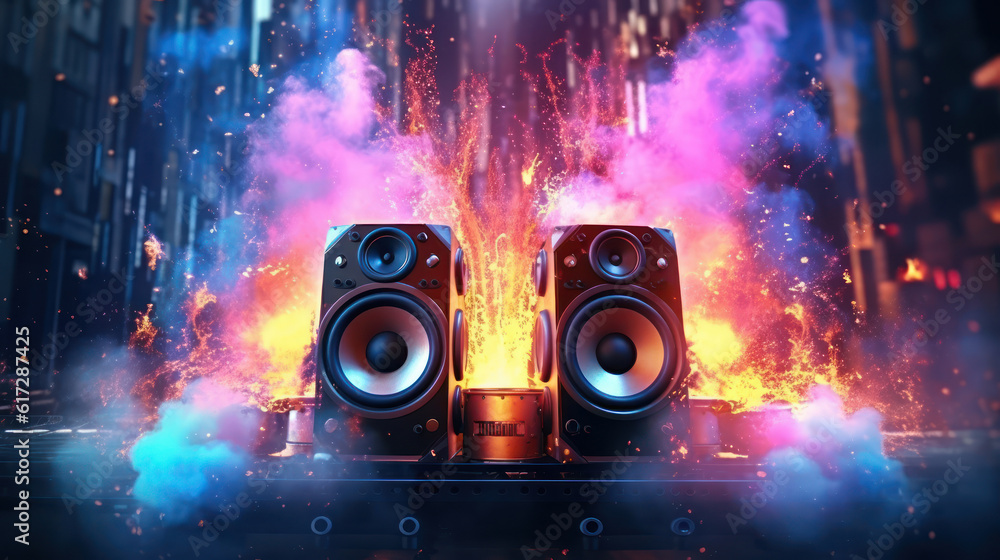 Epic speakers in flames and smoke music symbols on colorful background ...