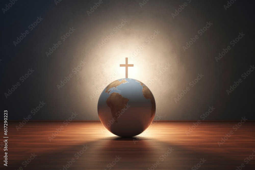Conceptual image with christian cross and earth globe on wooden floor ...