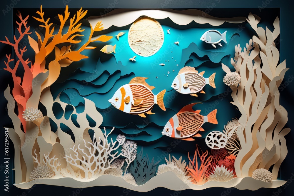 cardboard style. underwater world. fish corals in the ocean ...