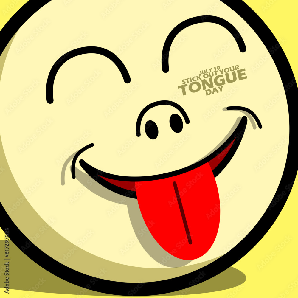 Smiling cute character sticking out tongue with bold text on light ...