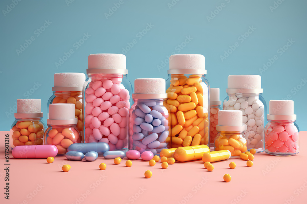 Heap of Multicolored capsules and pills with glass jars with white lids ...