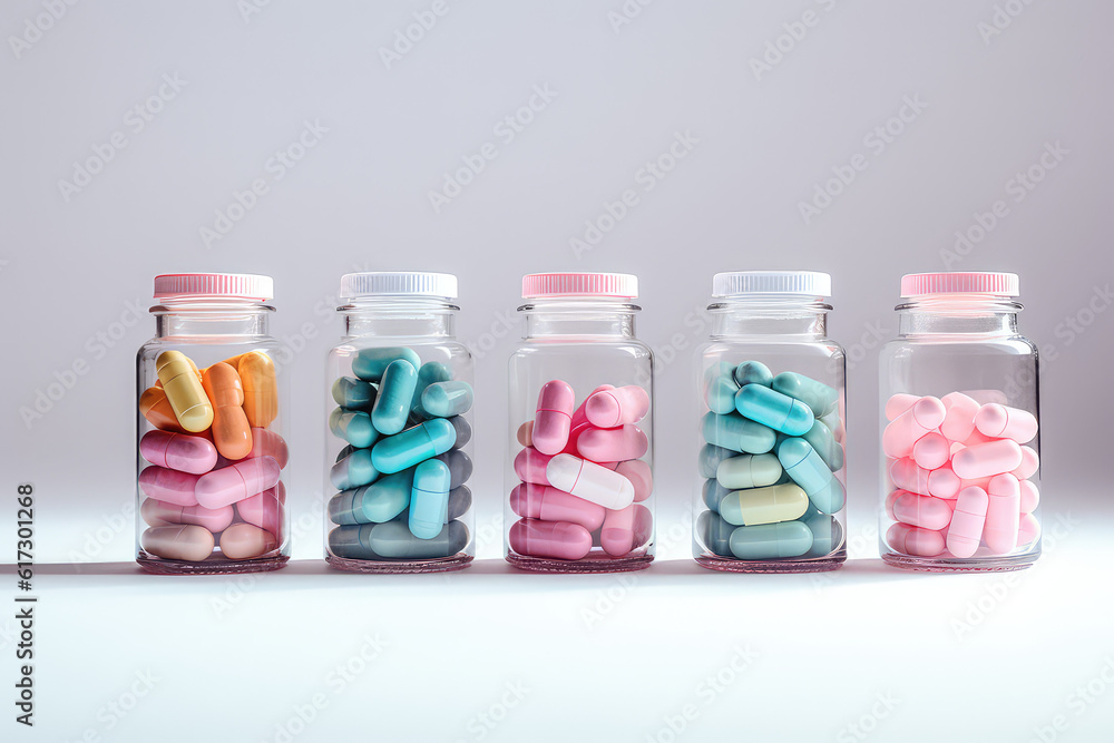 Multicolored capsules and pills in percolated plastic vials stand in a ...