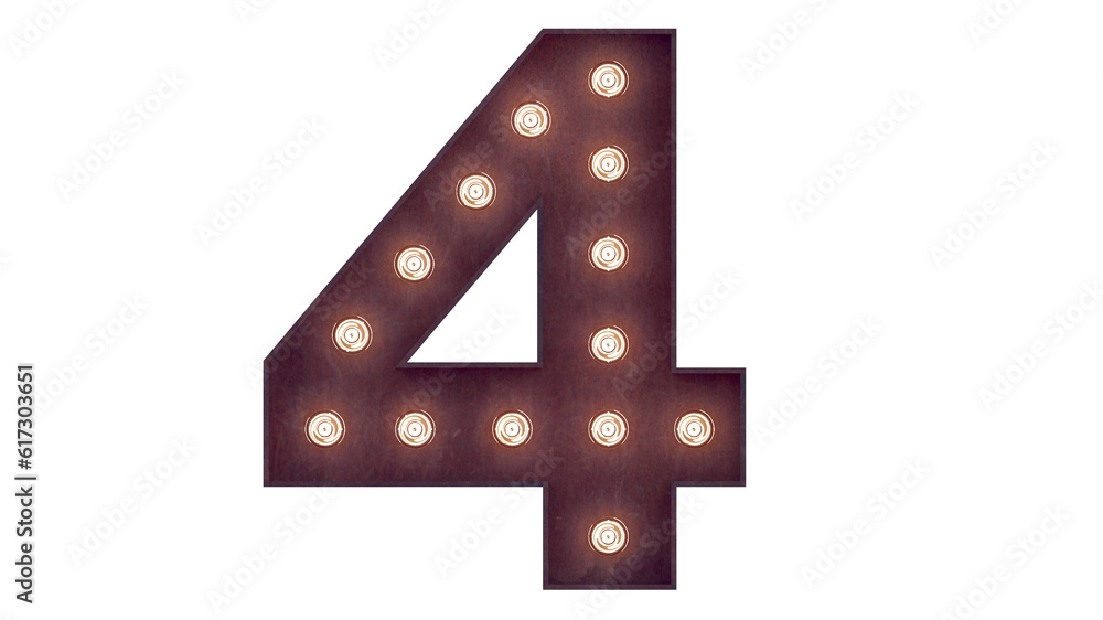 Light bulb glowing digit alphabet character 4 four font. Front view ...