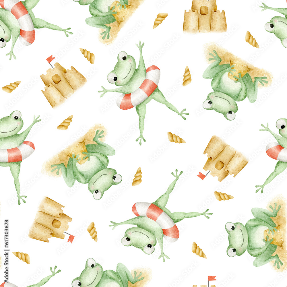 Cute froggies in a swimming circle, sandcastles and seashells ...