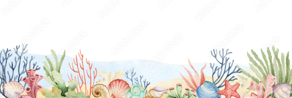 Poster Watercolor underwater floral banner of shells and algae ...