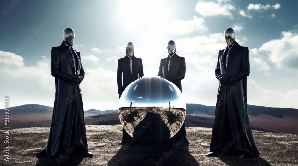 Three figures of alien rulers in chrome masks. Portraits of creatures ...