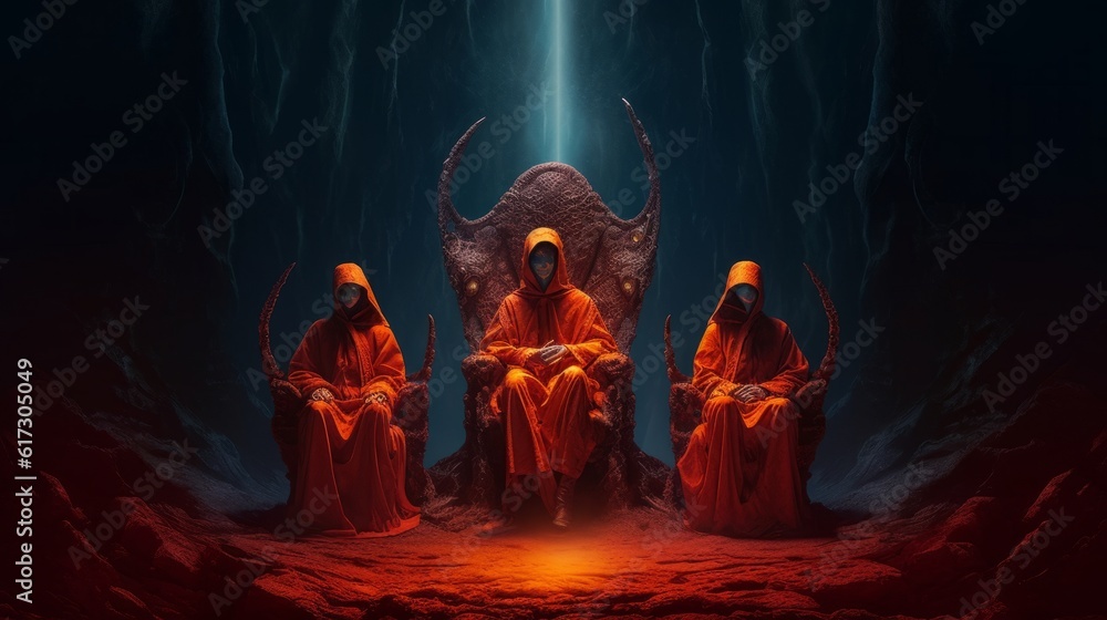 Three figures of alien rulers in chrome masks. Portraits of creatures ...