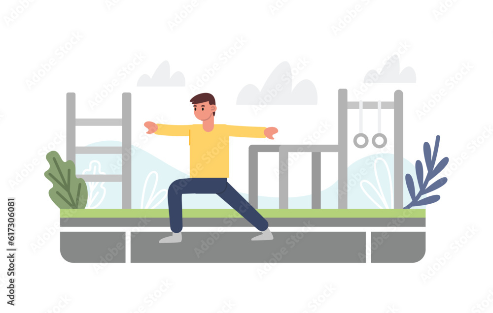 Cartoon guy doing stretches on playground outside. Time for morning ...
