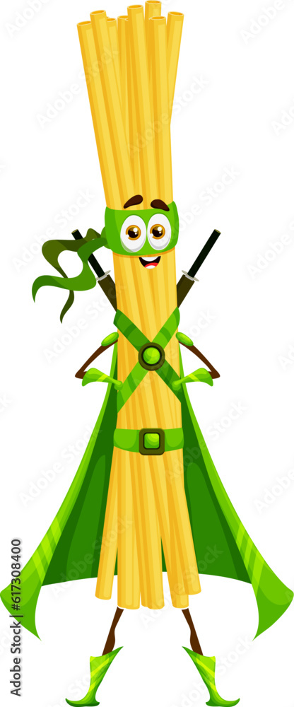 Cartoon superhero pasta character, bucatini in super hero costume ...
