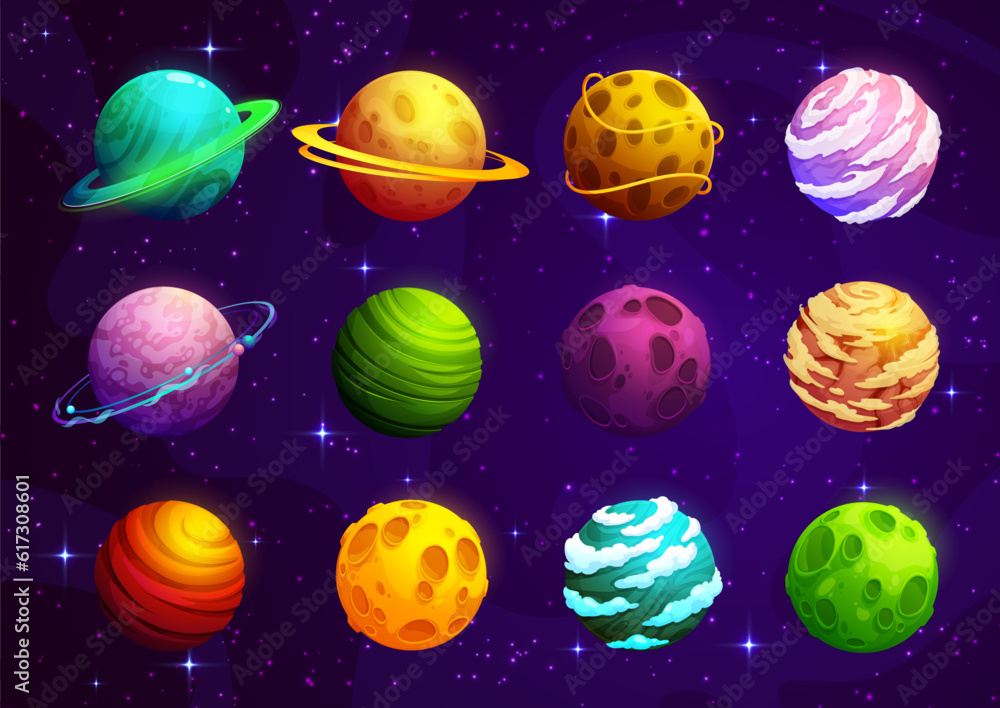 Cartoon aline fantasy space planets of galaxy world game, vector ...