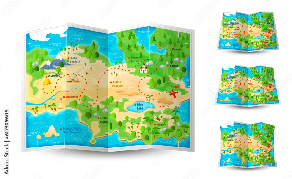 Cartoon game paper map, expedition adventure and journey, vector island ...