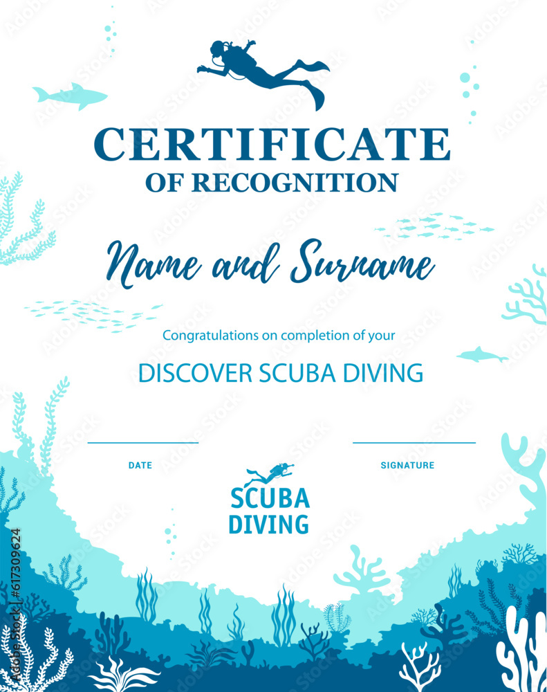 Vetor de Diver certificate, vector recognition diploma template ...