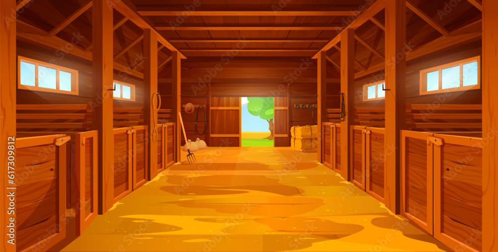 Cartoon farm stable or barn interior with sand floor, hayloft haystacks ...