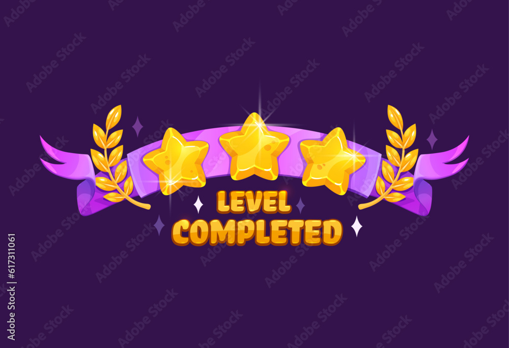 Vetor de Game level complete with golden stars reward ribbon, vector ...