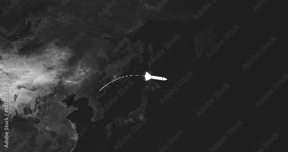 Weapon, map and animation of missile launch on black background for war ...