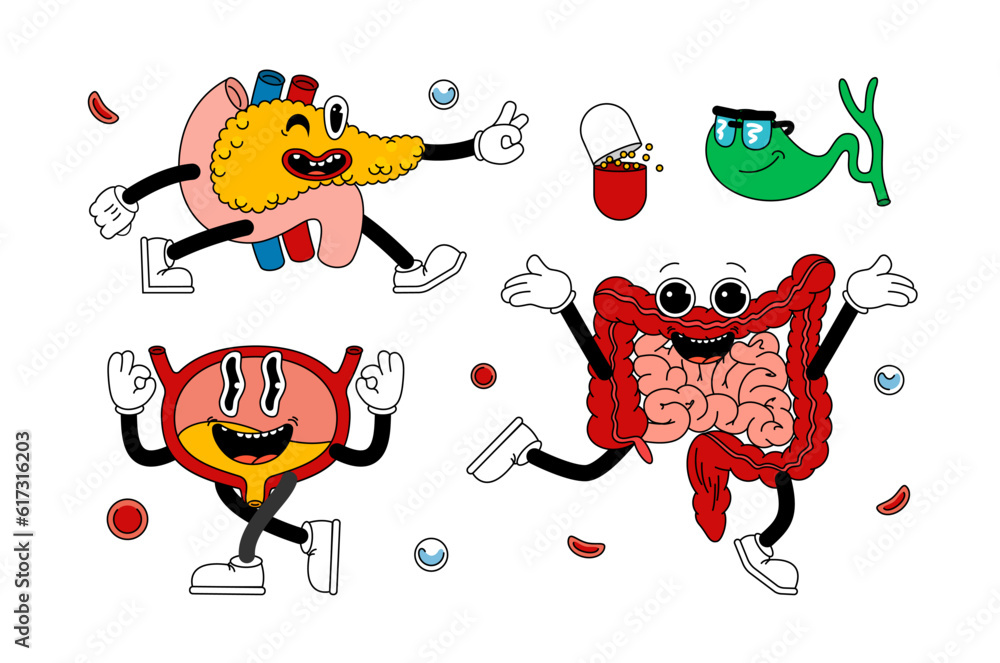Set of retro human organs in funny comic cartoon style, gloved hands ...