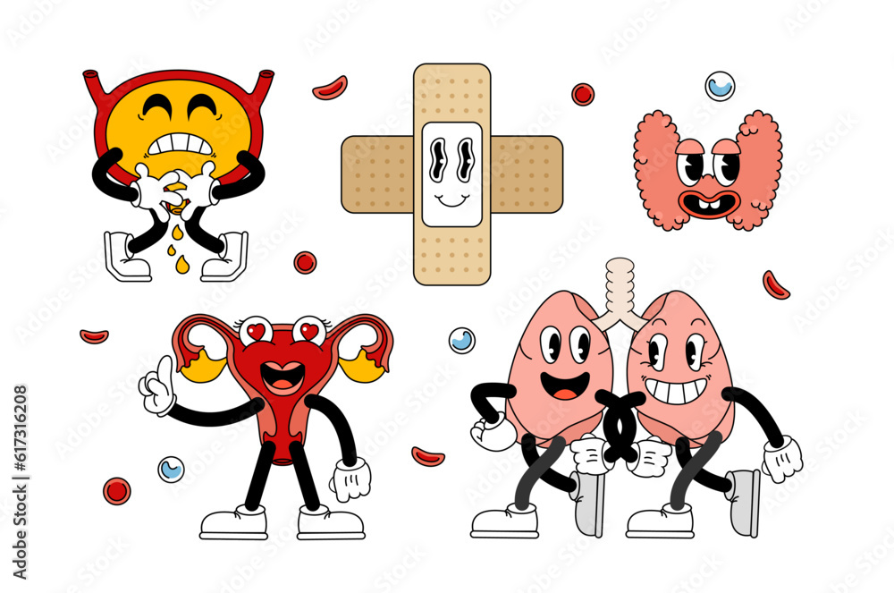 Set of retro human organs in funny comic cartoon style, gloved hands ...