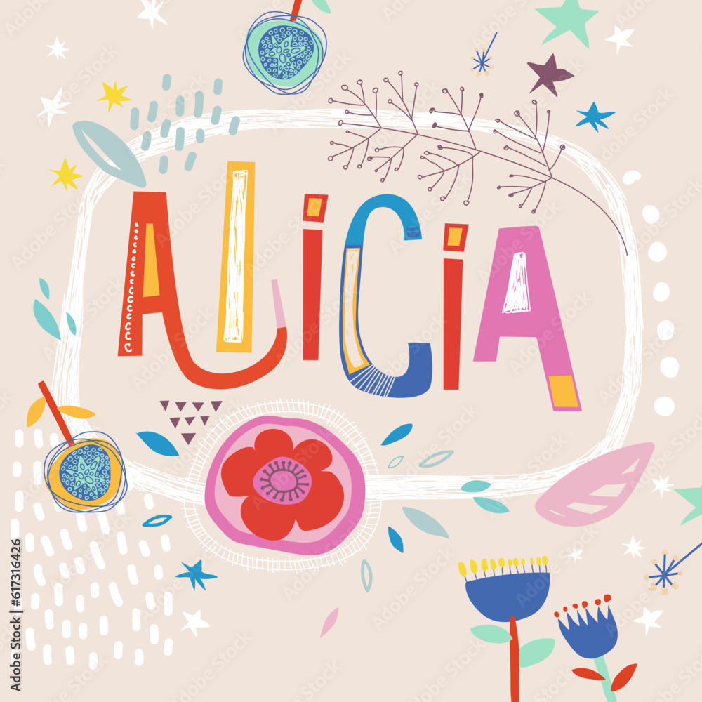 Bright card with beautiful name Alicia in flowers, petals and simple ...
