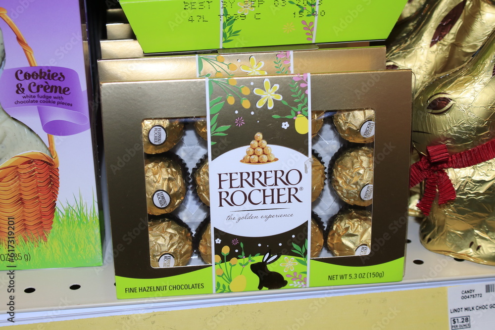 FERRERO ROCHER Chocolates in boxes on a shelf at a Supermarket Stock ...