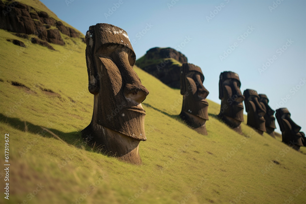 ภาพประกอบสต็อก Generative AI. background of moai statues in the ...