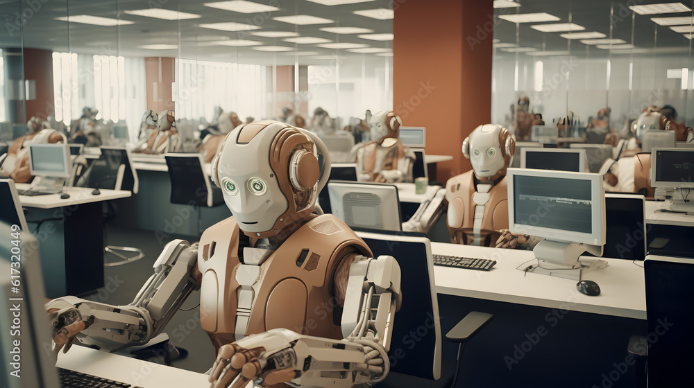 call center full of robots answering the phone - generative ai Stock ...