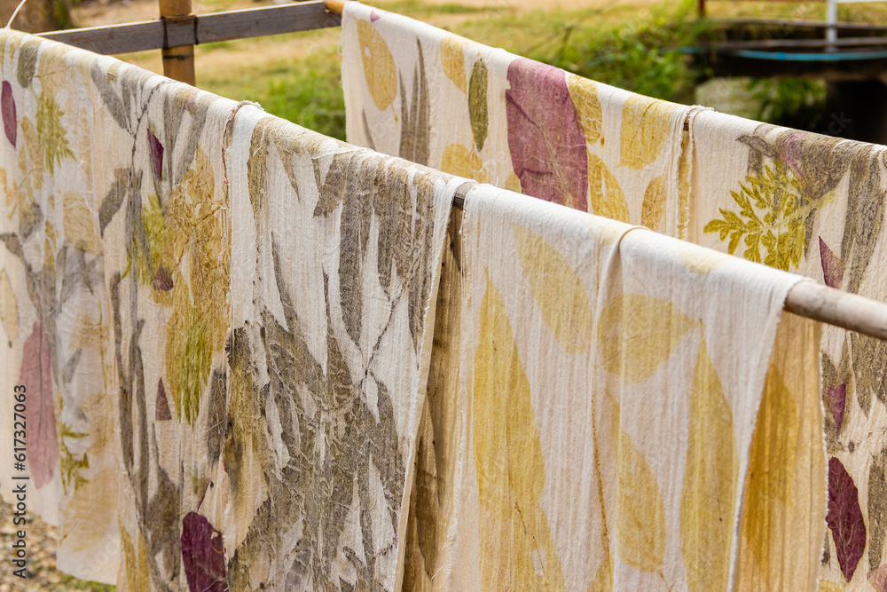 Variety of eco print fabric made by natural resources and.drying in the ...