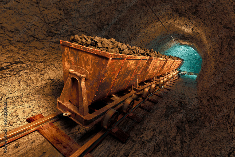 Coal mine carts or wagons slowly moving through narrow underground ...