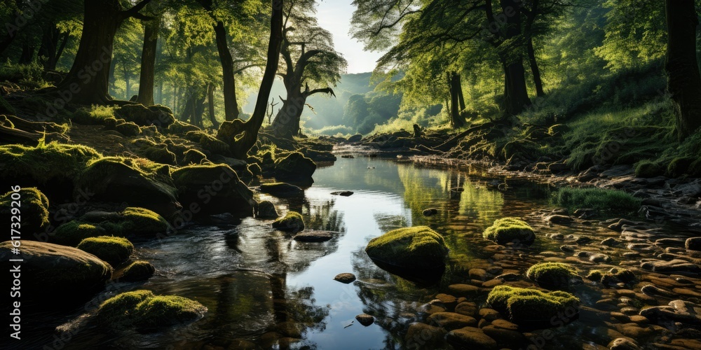 babbling brook on sunlight dances on the rippling water, creating a ...